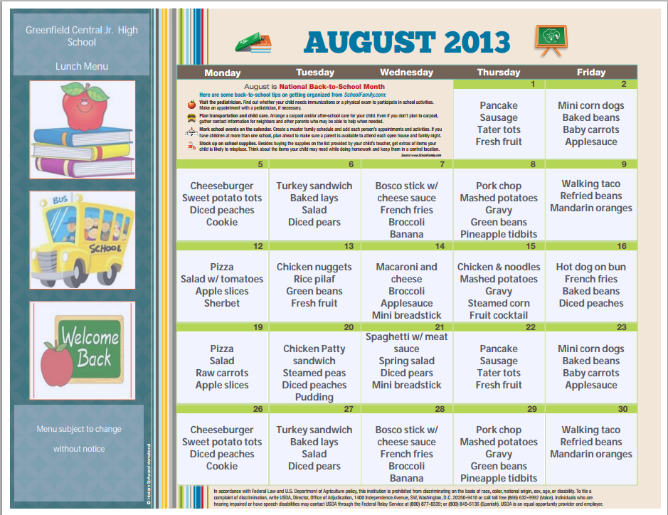 August School Lunch Menu Templates