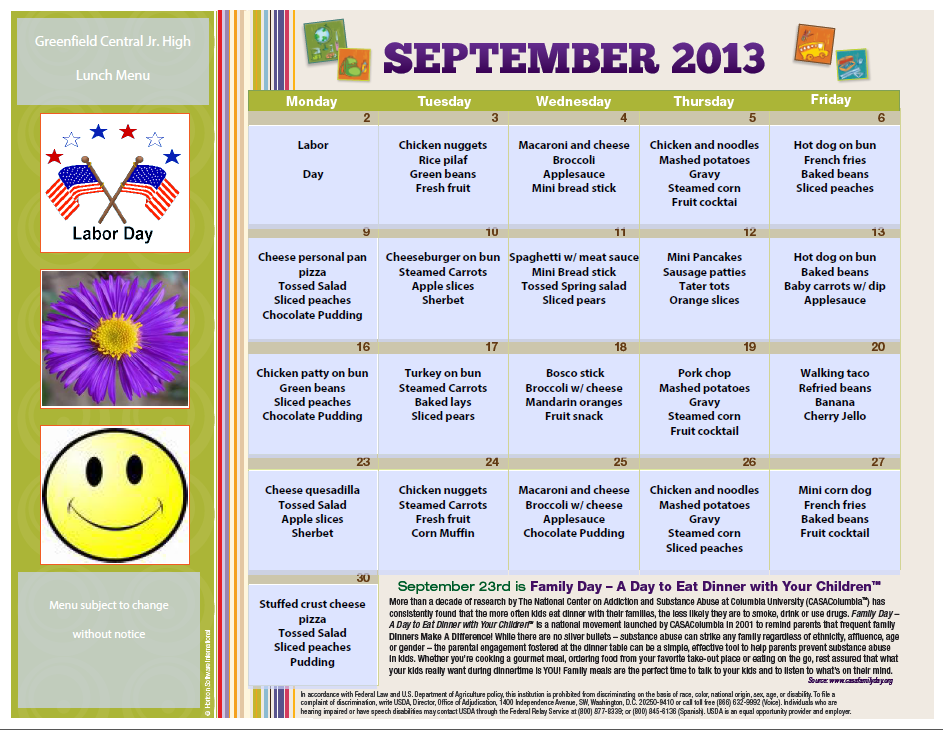 September Lunch Menu – GC Junior High